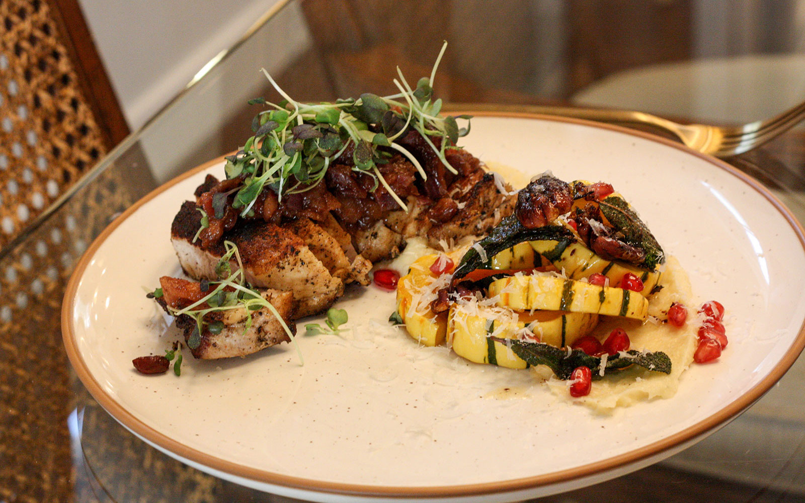 Seared Pork Chop with Parsnip Purée, Roasted Delicata Squash, Brown ...